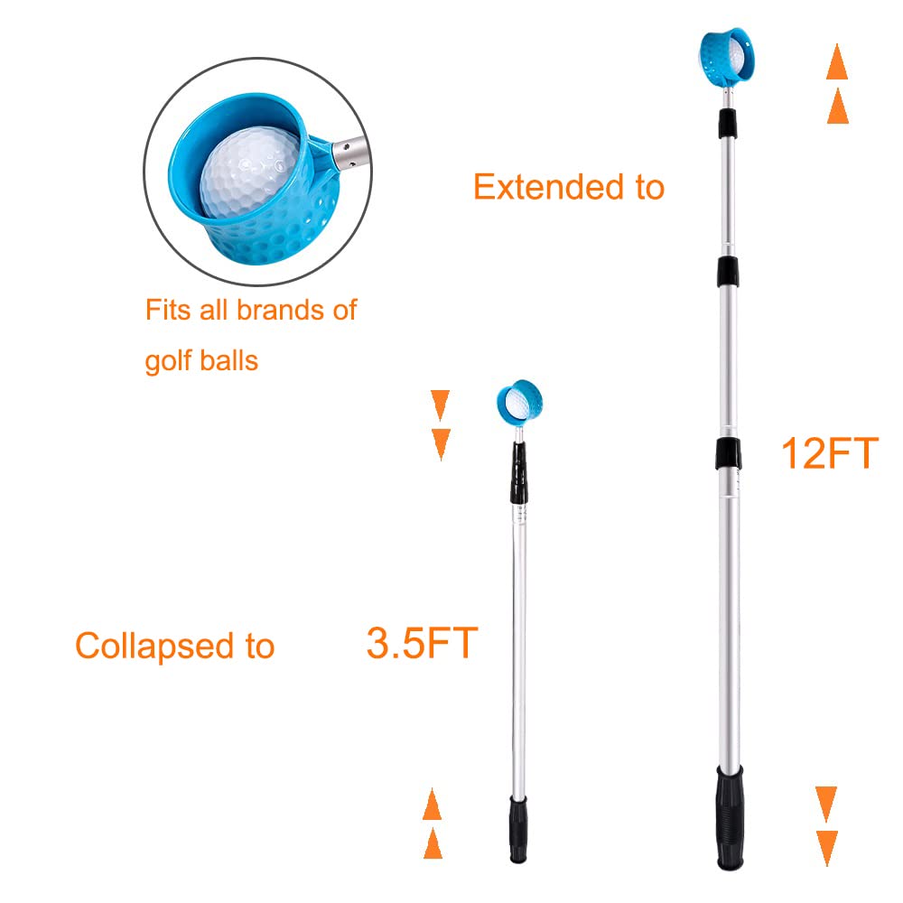 HOW TRUE Golf Ball Retriever, 12ft 15ft 18ft Aluminum Alloy Golf Ball Retriever Telescopic for Water Golf Ball Picker Grabber Golf Accessories Golf Gift (18ft)