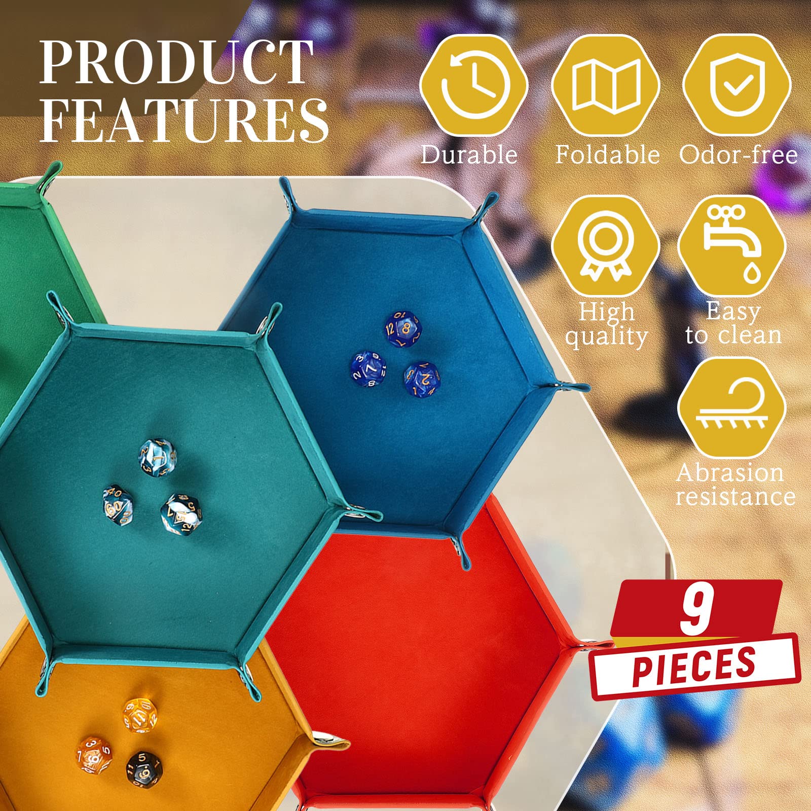 Hanaive 9 Pcs Dice Tray Set, Foldable Hexagon Rolling Tray PU Leather Portable Dice Holder Compatible with RPG Dice Games Other Table Games 9.6 W x 1.6 H