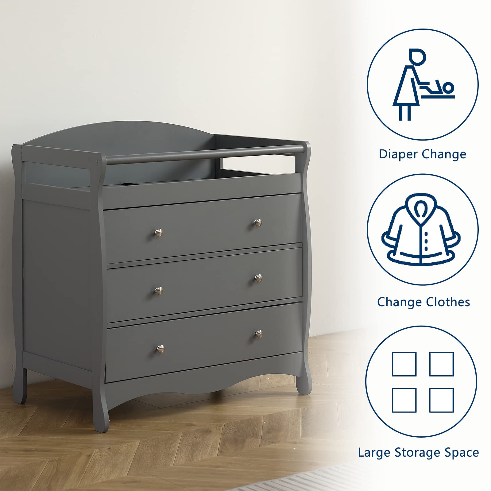 Guangshuohui 3-Drawer Changing Table, Wooden Bed Nursing Table Infant Diaper Changing Station with Drawers, Safety Rails & Strap, Baby Changing Table Dresser for Nursery, Easy Assembly (Grey)