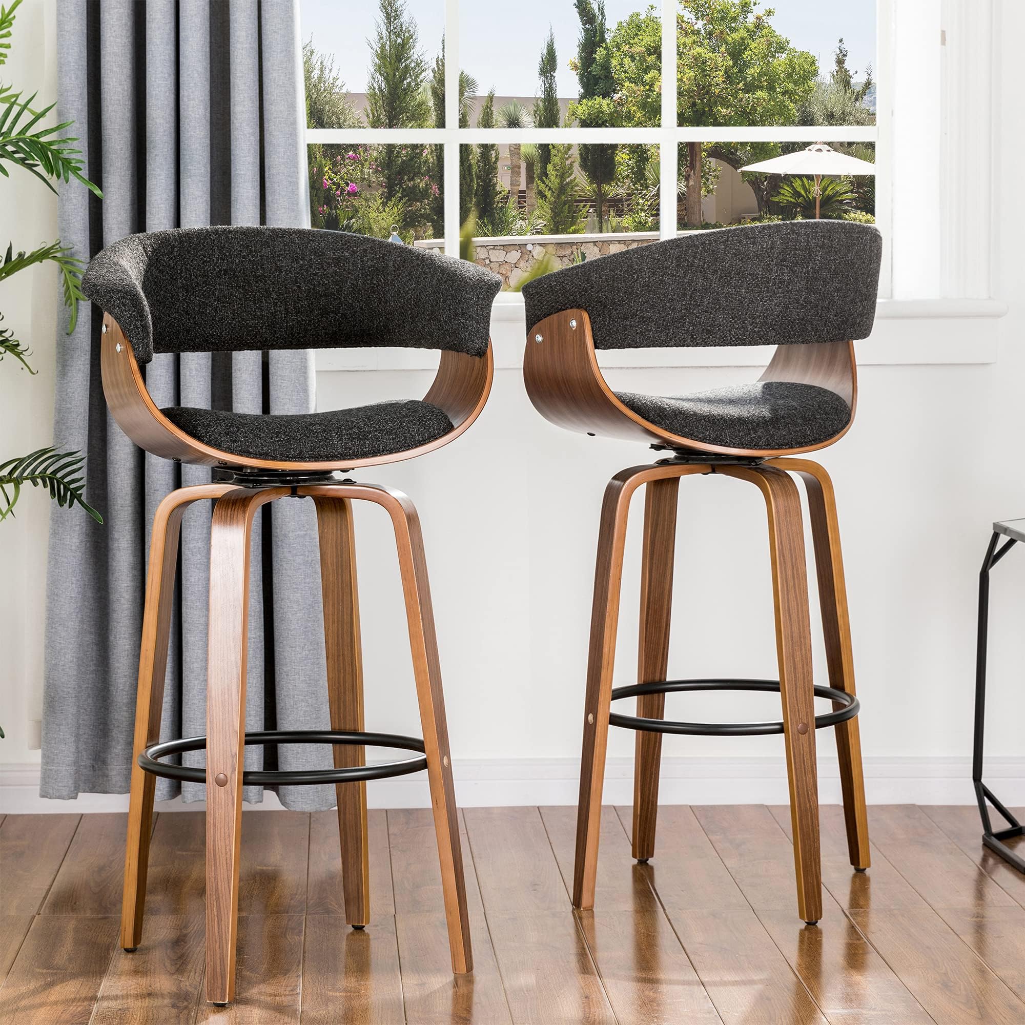 Glitzhome 2 Set Swivel Bar Stool, Bar Height Mid-Century Modern Grey Fabric Wooden Bar Chair with Back Support