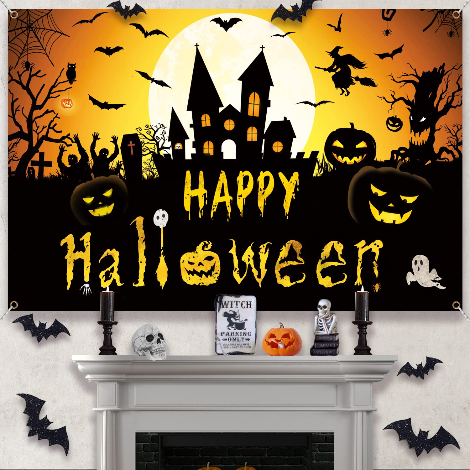 Halloween Decorations - Halloween Backdrop, Happy Halloween Banner with Witch, Pumpkin, Halloween Bats for Halloween Party Decorations, Halloween Decorations Indoor