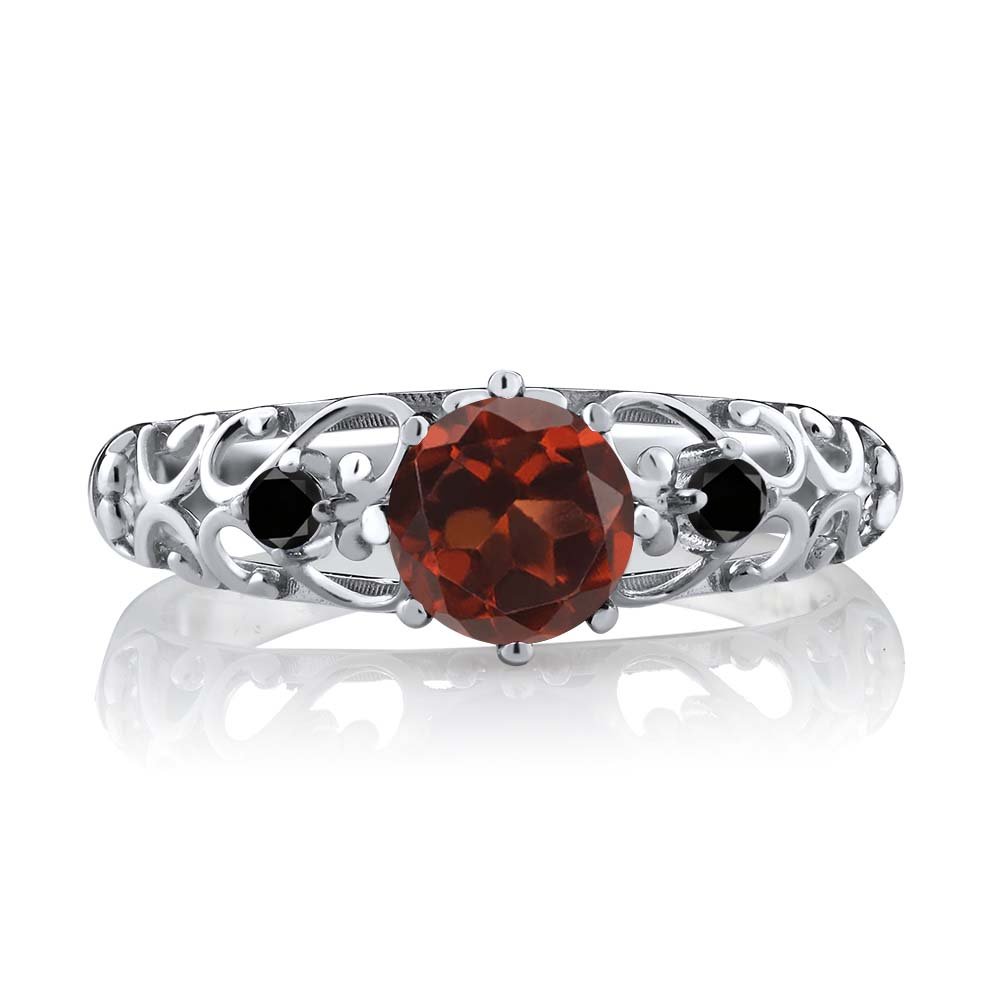 Gem Stone King 925 Sterling Silver Red Garnet and Black Diamond Engagement Ring For Women (1.11 Cttw, Gemstone Birthstone, Available In Size 5, 6, 7, 8, 9)