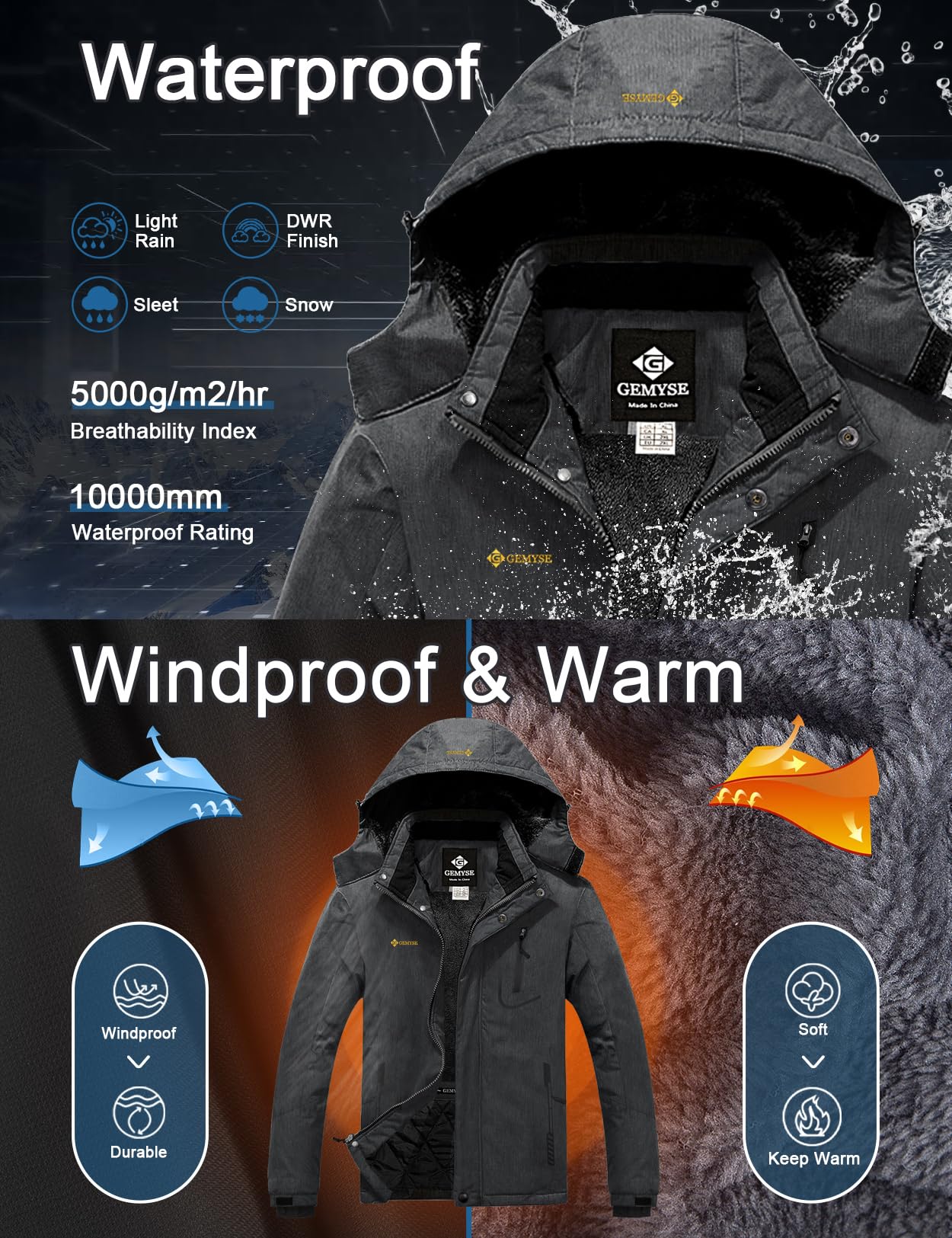 GEMYSE Men's Mountain Waterproof Ski Snow Jacket Winter Windproof Rain Jacket Hooded coat (Blue Grey,Medium)