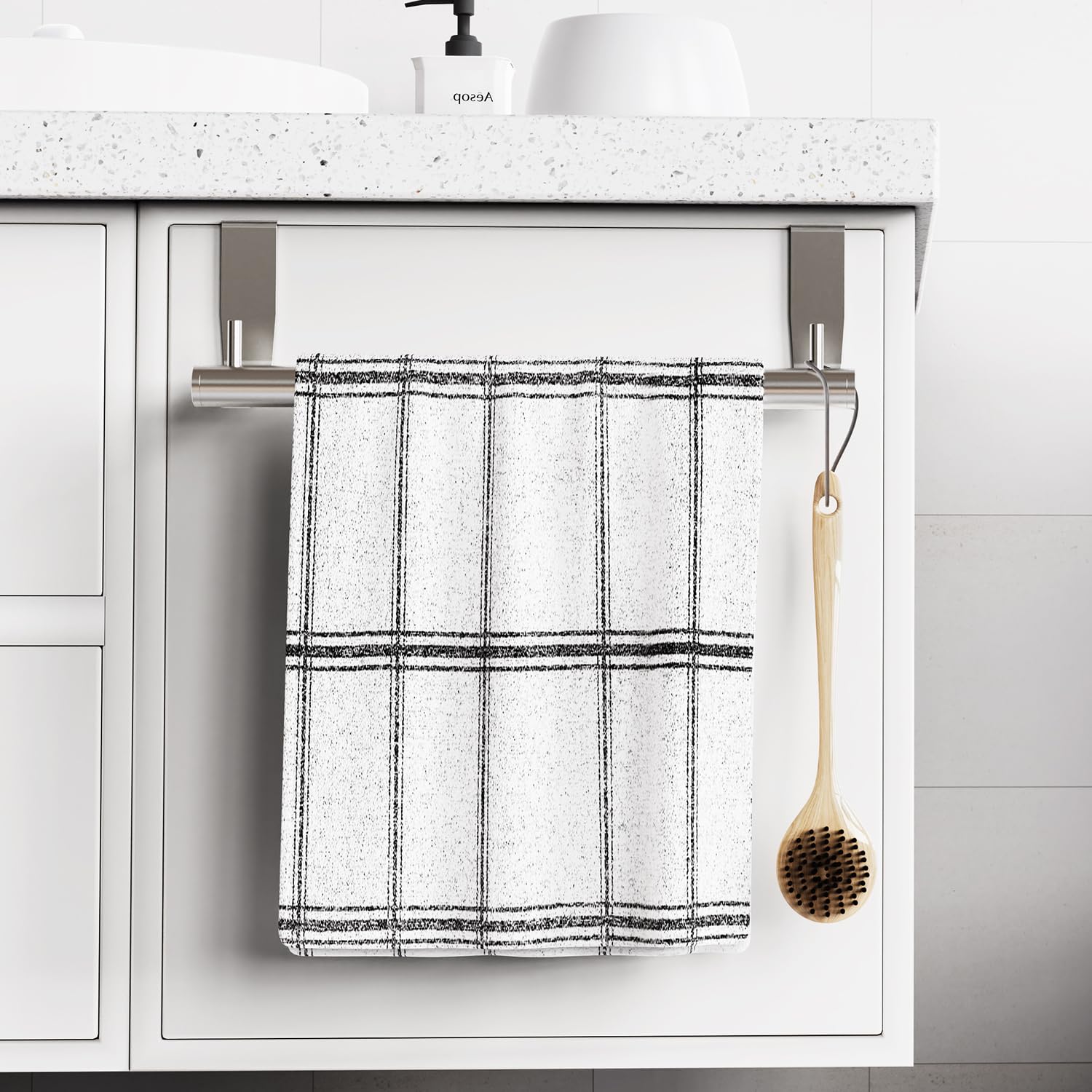 VEHHE Kitchen Towel Holder 2-Piece, 2 Hooks, EVA Foam Protective Mats, 9-Inch Stainless Steel Over The Door Towel Rack (Silver)