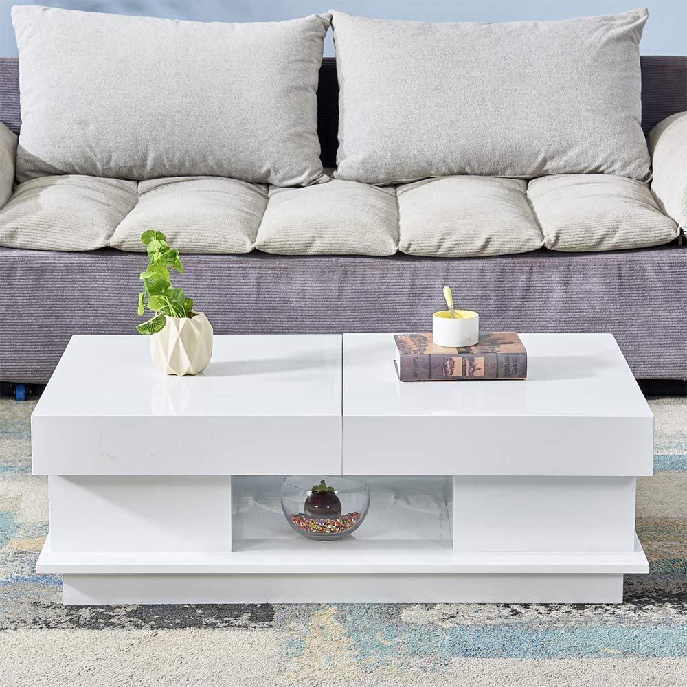 HomeSailing Living Room High Gloss Coffee Table White with 2 Storage Drawers, Wooden Coffee Sofa End Table Side Tea Table Wood Frame Rectangular for Home Office Waiting Reception Furniture