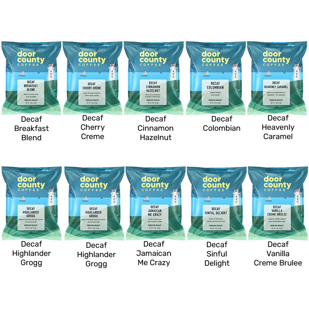 Gourmet Flavored Decaf Coffee Sampler Pack - 10 Bags of Unique Flavored Coffees - Roasted by Door County Coffee