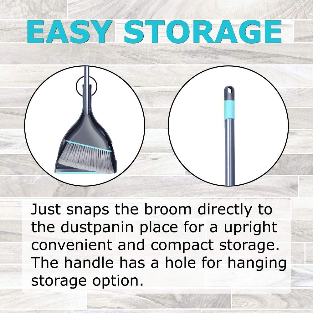 Guay Clean Angled Broom and Dustpan Set with Adjustable Handle - Easy Sweeping for Home Kitchen Office Floor - Collects Dust Dirt Debris - Built-in Broom Comb - Blue