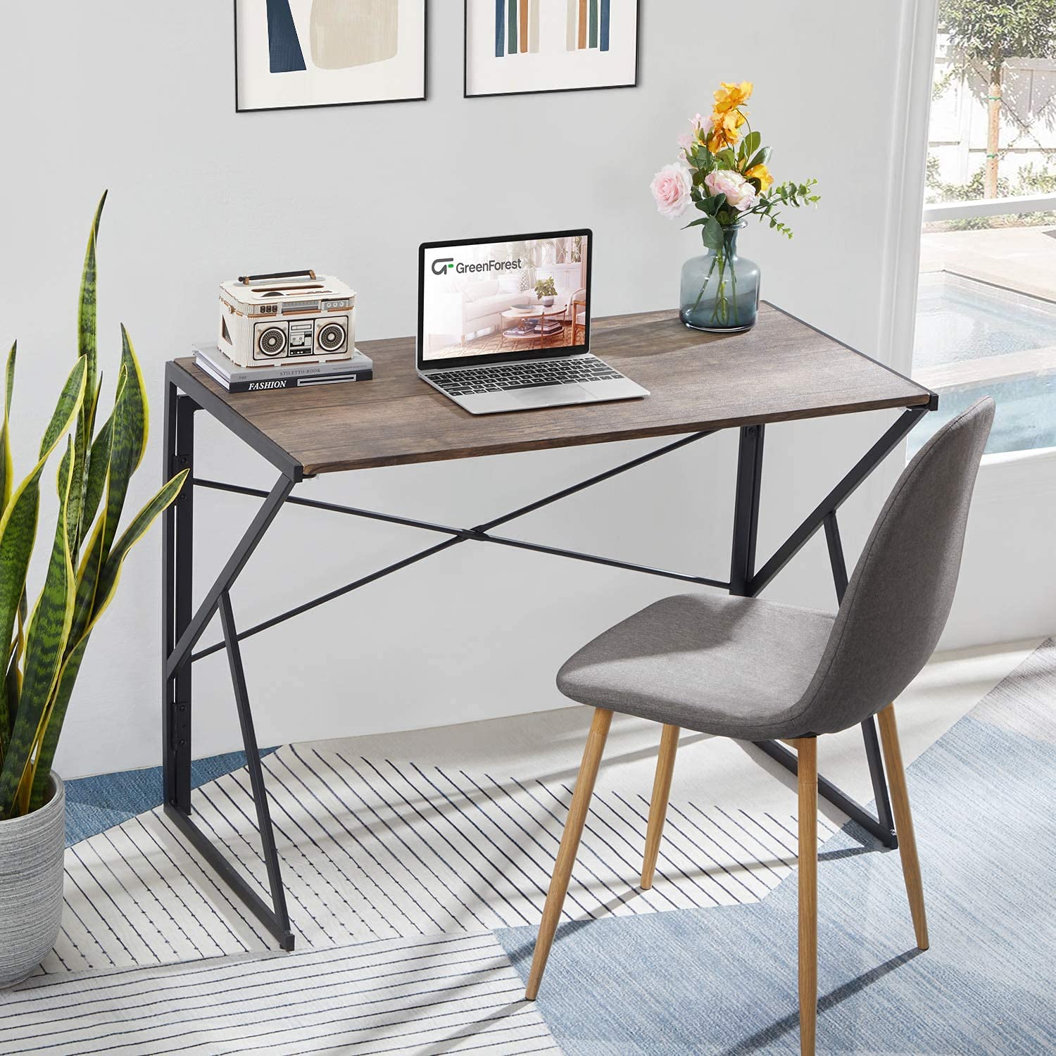 GreenForest Folding Desk No Assembly 40" Foldable Writing Computer Desk Simple Home Office Desk Laptop Table Space Saving, Walnut