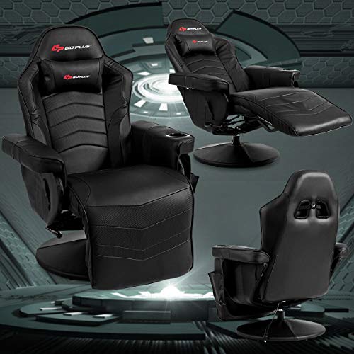 Goplus Massage Gaming Chair, Racing Style Gaming Recliner w/Adjustable Backrest and Footrest, Ergonomic High Back PU Leather Computer Office Chair Swivel Game Chair w/Cup Holder and Side Pouch