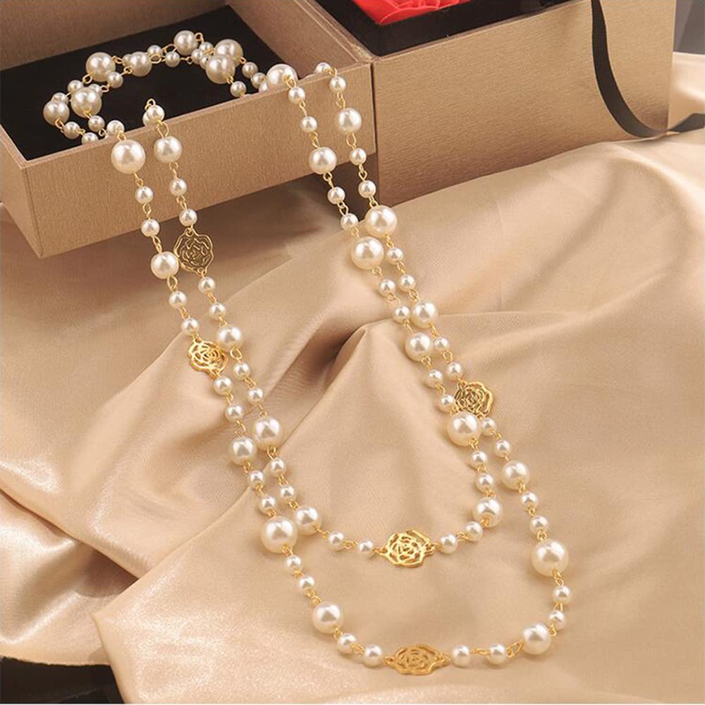 Imitation Pearl Flower Charm Long Strand Necklace for Women (White)