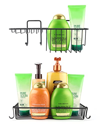 Shower Caddy Basket Shelf, Bath Accessories , Shampoo Holder Organizer No Drilling Wall Mounted Adhesive Bathroom Storage Black Stainless Steel (Black) - 2 Pack