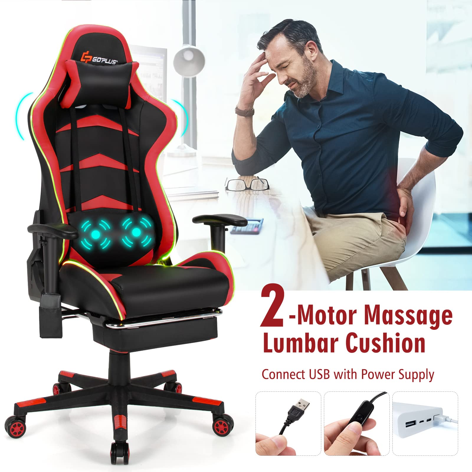Goplus Massage Gaming Chair with LED Light, Reclining Backrest Handrails and Seat Height Adjustment Racing Computer Office Chair with Footrest, Ergonomic High Back PU Swivel Game Chair