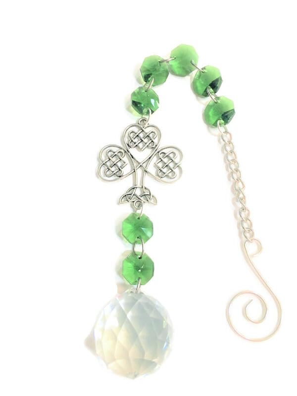 Mystic Celt Treasures- IRISH SHAMROCK SUNCATCHER -12" Irish Suncatcher, USA Handmade, Gift Wrapped, Irish, Shamrock, Ireland, Hearts, Emerald, Clover, Gift