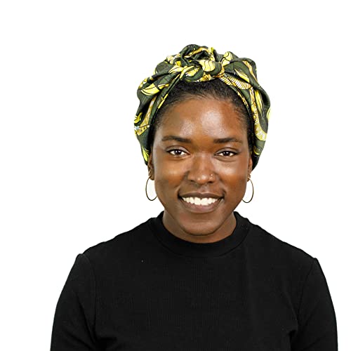 Grace Eleyae Women's Adjustable Satin Line Volume Knot Turban, Green African Print