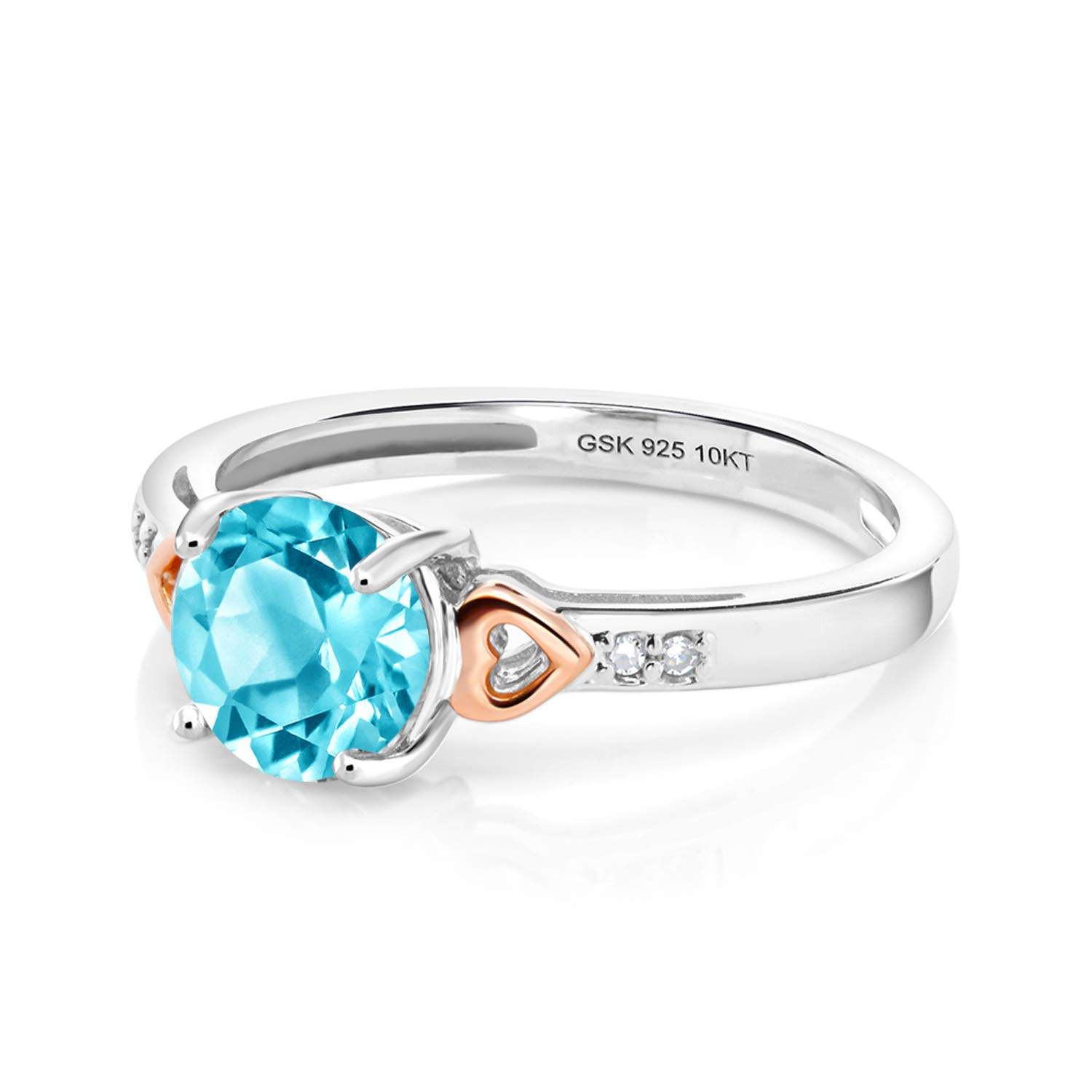 Gem Stone King 925 Silver and 10K Rose Gold Swiss Blue Topaz and White Diamond Engagement Ring For Women (1.68 Cttw, Round 7MM, Gemstone Birthstone, Available In Size 5, 6, 7, 8, 9)