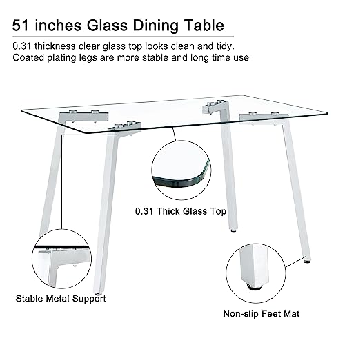Glass Dining Table Set for 4,Rectangle Dinner Table with 4 White Leather Kitchen Chairs,51 in Kitchen Room Dining Set,0.31β Tempered Glass Table Top with Silver Metal Legs,4 Dining Chairs