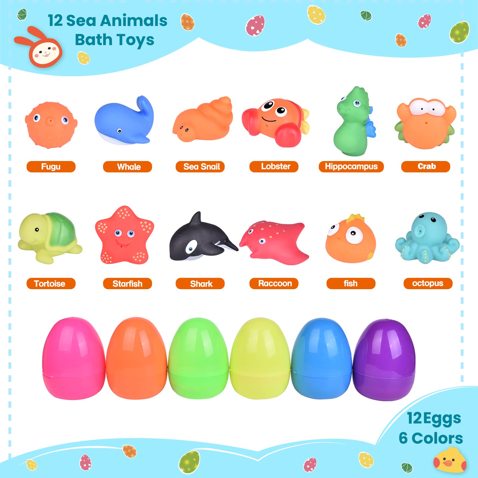 FUN LITTLE TOYS 12PCS Bath Toy Easter Eggs Assorted Sea Animals for Toddlers Easter Basket Stuffers