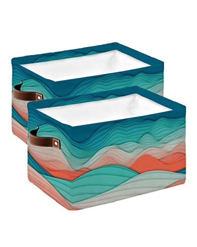 Geometric Mountain Range Storage Baskets for Organizing, Orange Teal Ombre Line Abstract Art Fabric Storage Bins for Shelf, Collapsible Cube Bin with Handles for Closet(15''x11''x9.5'')
