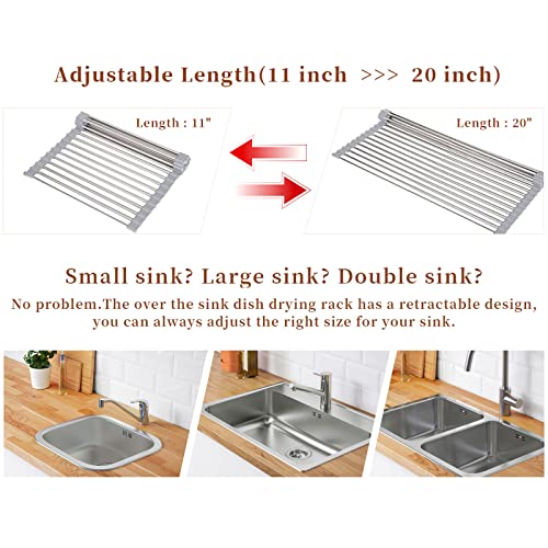 HCXMDY Roll Up Dish Drying Rack Over The Sink Kitchen,Stainless Steel Drying Rack for Farmhouse Sink,Rv Sink Cover Kitchen Sink Accessories,Telescopic Sink Rack(L:20" - 11",W:13")