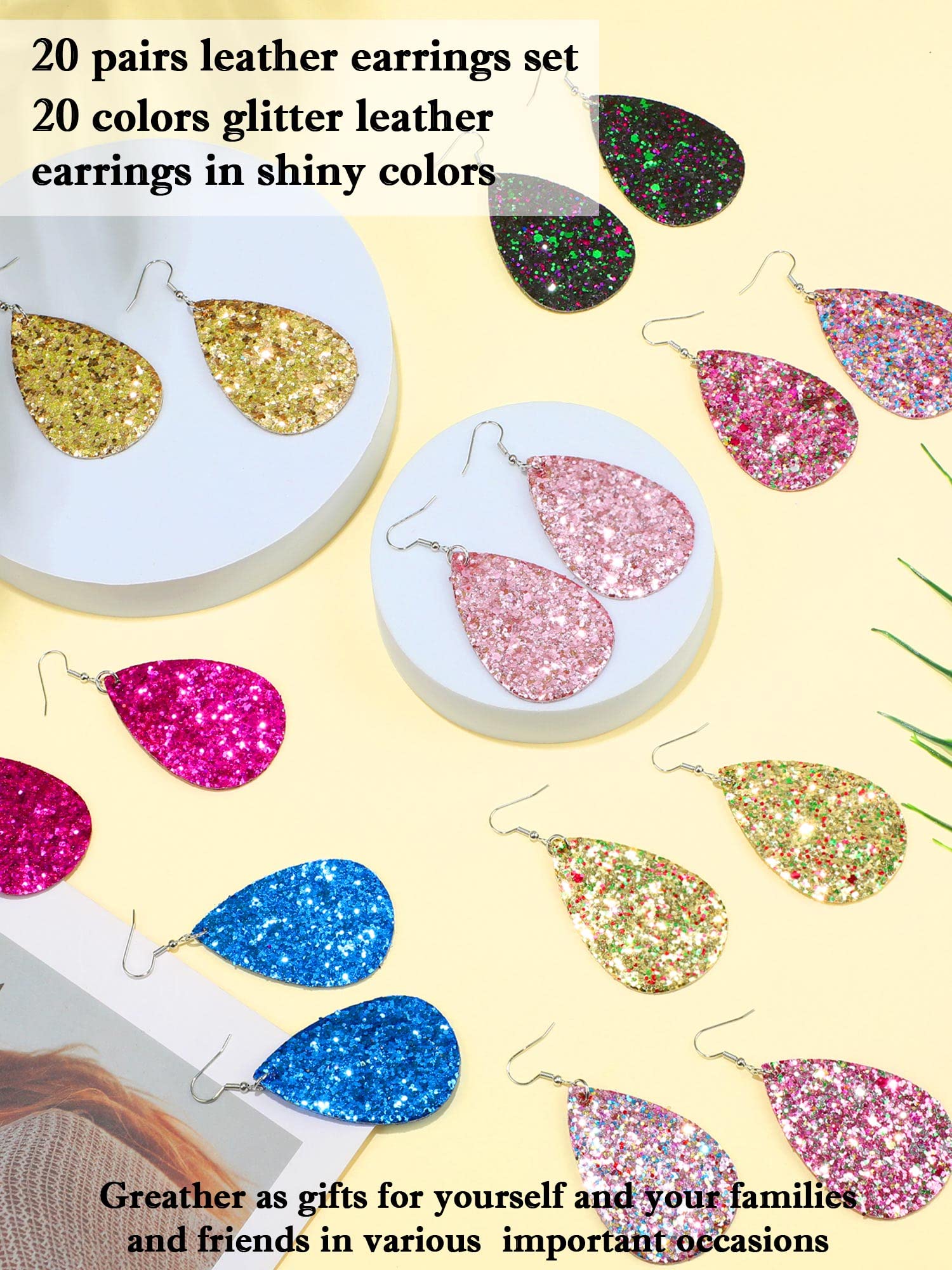 Hicarer 20 Pairs Glitter Teardrop Earrings Bulk Leather Lightweight Leaf Dangle Earring Fashion Jewelry for Women(Bling Color)