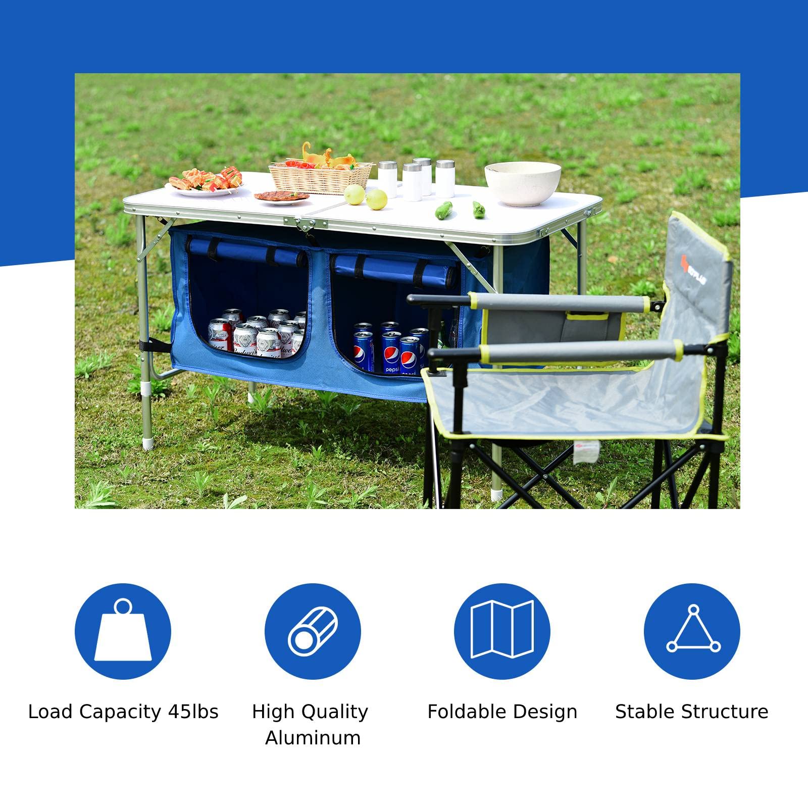 Happytools Portable Camping Table with Storage, Lightweight Aluminum Folding Table with Adjustable Legs, Outdoor Foldable Picnic Table for BBQ, Cooking, Camp & Party (Grey)