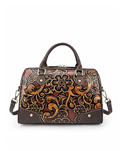 Genuine Leather Embossed Purses for Women, Retro Crossbody Handbag Satchels with Vintage Floral Design (wine red)
