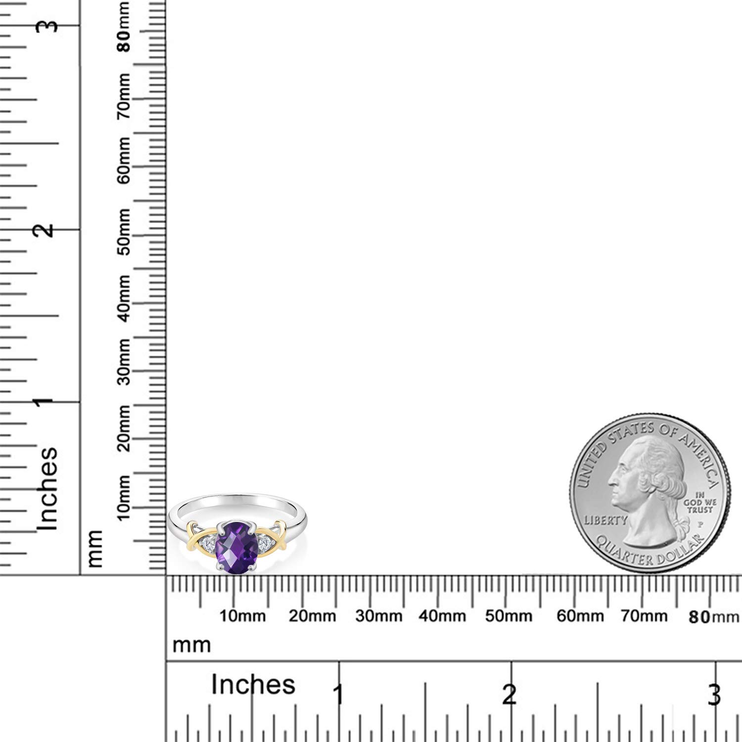 Gem Stone King 2 Tone 10K Yellow Gold and 925 Sterling Silver Oval Checkerboard Purple Amethyst and Lab Grown Diamond Engagement Ring For Women (1.28 Cttw, Available in Size 5,6,7,8,9)