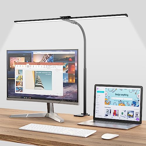Hensam LED Desk Lamp for Home Office,Bright Double Head Desk Lamp with Clamp,Dimmable 5 Color Modes Desk Lighting,12W Eye-Caring Architect Table Lamp for Workbench,Monitor,Reading,Study,1400lm