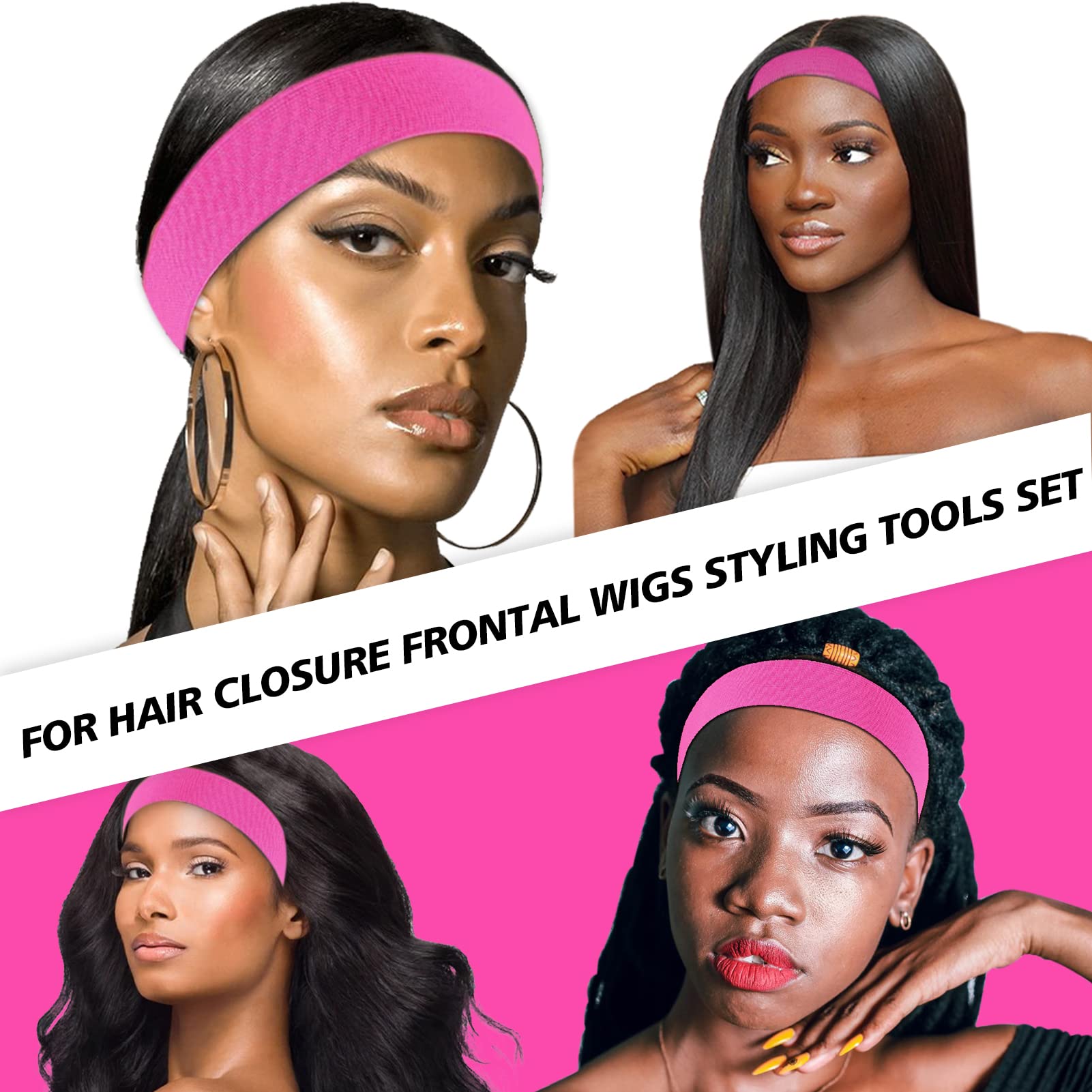 Goiple Adjustable Wig Bands - 3PCS Elastic Bands for Lace Frontal Wigs, Laying Edges, Wig Install Accessories (Pink Set 8pcs)