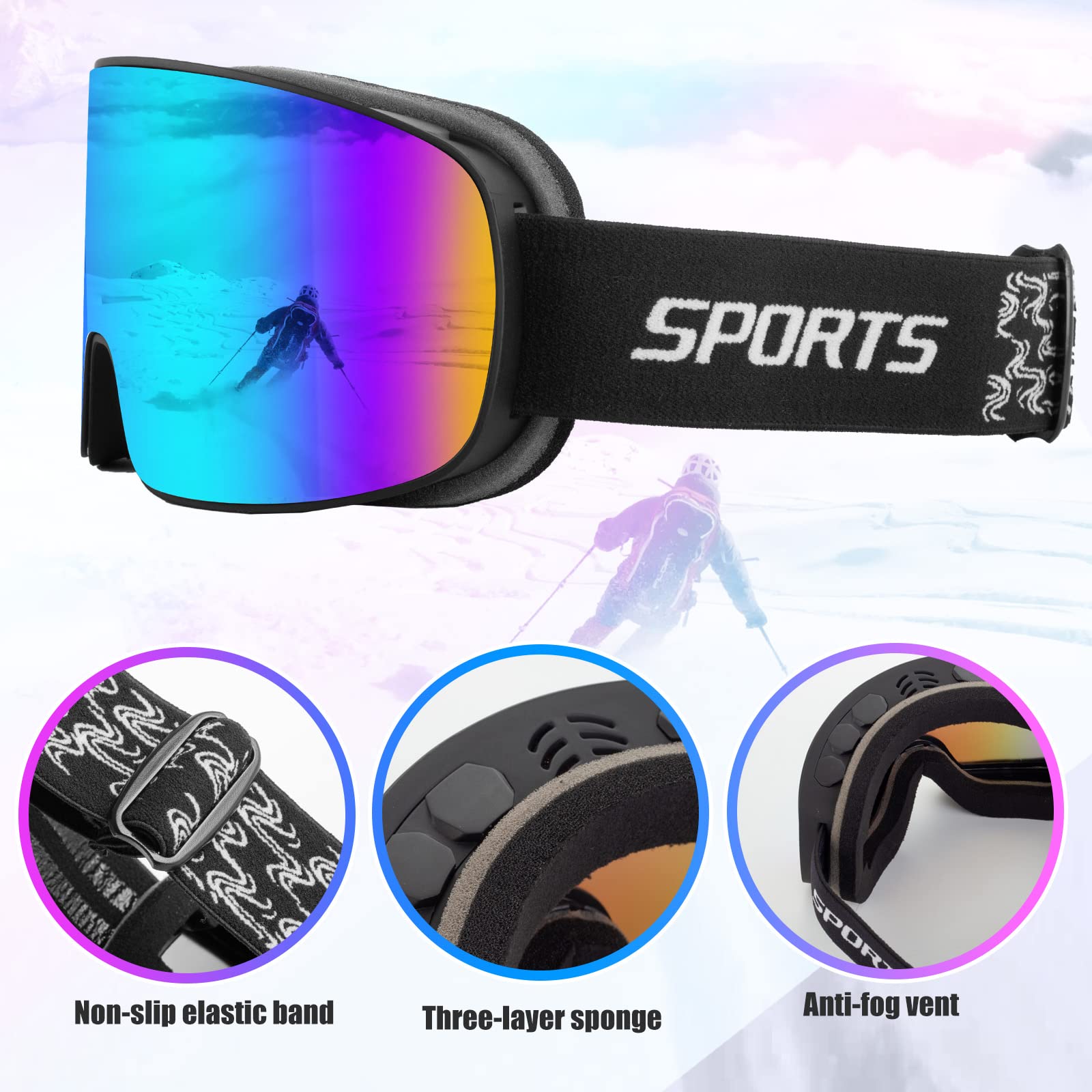 Hapytrip Men's Anti-Fog, Windproof Ski Goggles with UV Protection, Blue