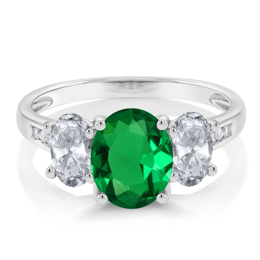 Gem Stone King 10K White Gold Green Nano Emerald White Topaz and White Diamond Oval 3-Stone Engagement Ring For Women (2.00 Cttw, Gemstone May Birthstone, Available In Size 5, 6, 7, 8, 9)