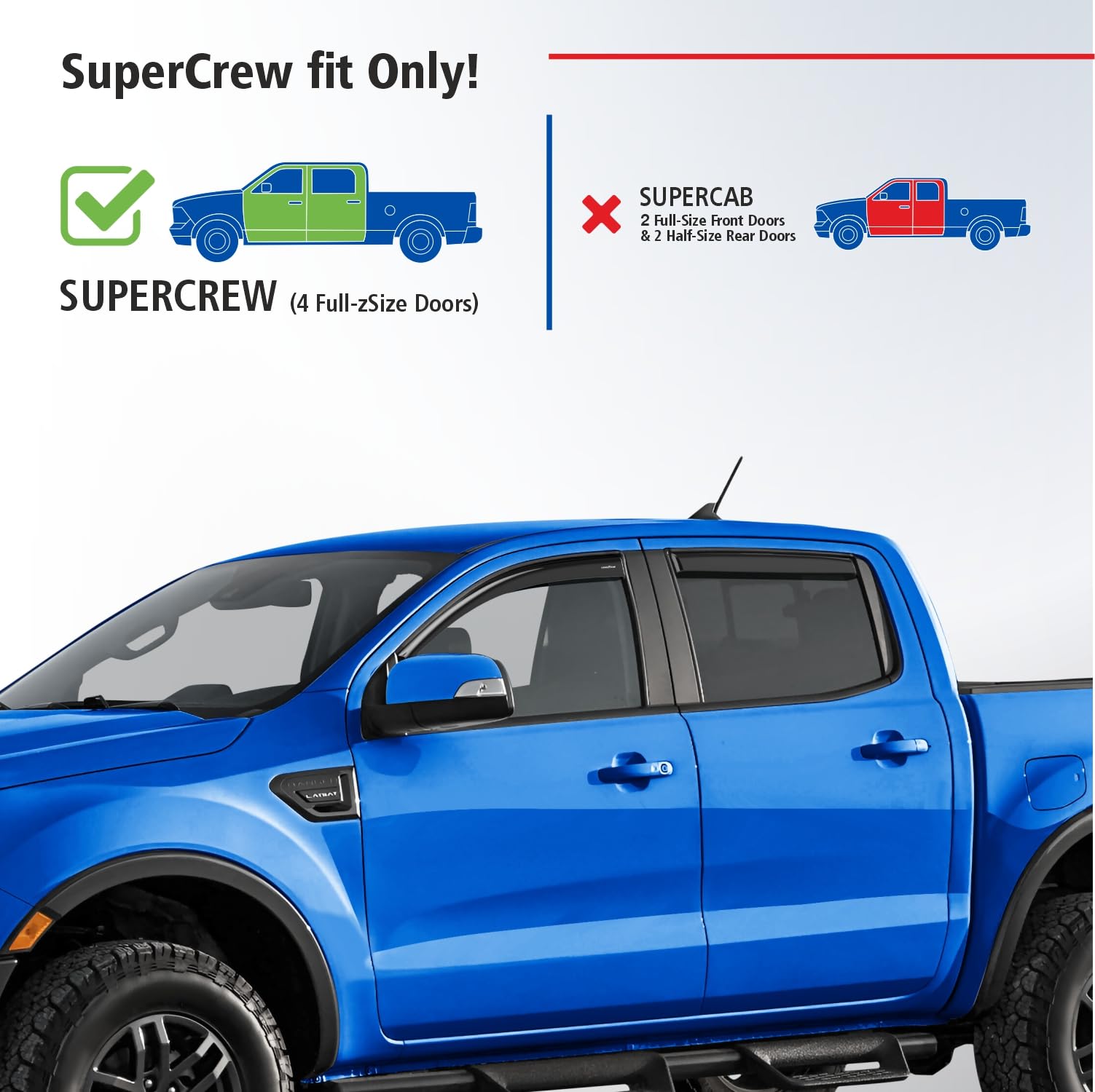 Goodyear Shatterproof in-Channel Window Deflectors for Ford Ranger 2019-2023 SuperCrew, Rain Guards, Window Visors for Cars, Vent Deflector, Car Accessories, 4 pcs - GY003449LP