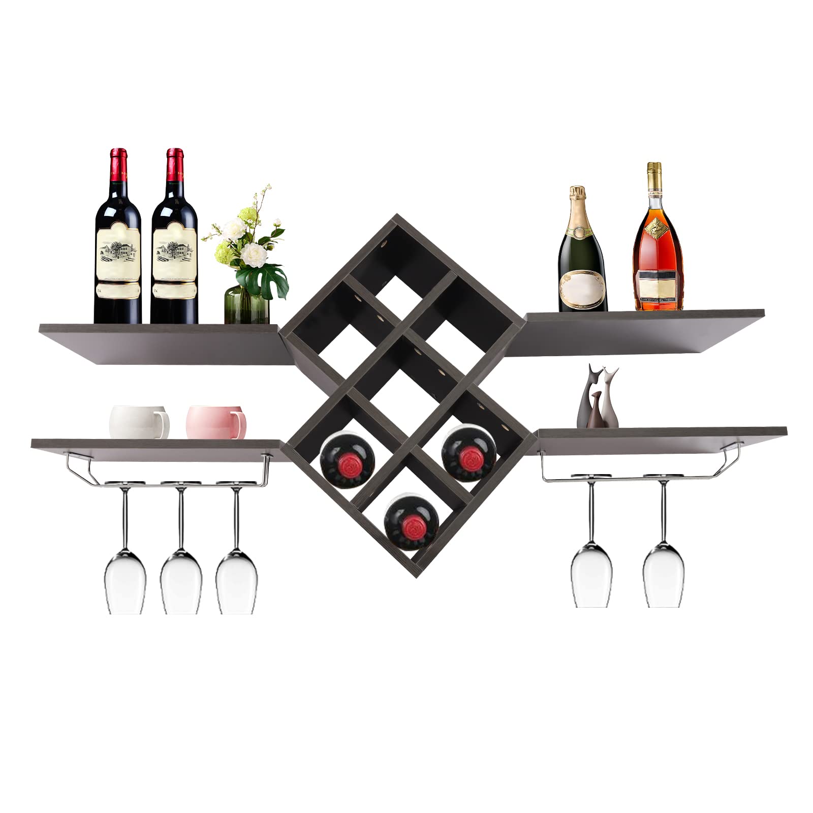 Gdrasuya10 Wine Rack Display Sets Wall Mounted, Set of 5 Wine Rack Shelves Liquor Storage Rack Wine Bottle Holder Shelf Set with Goblet Rack Multifunctional Rack (Black)