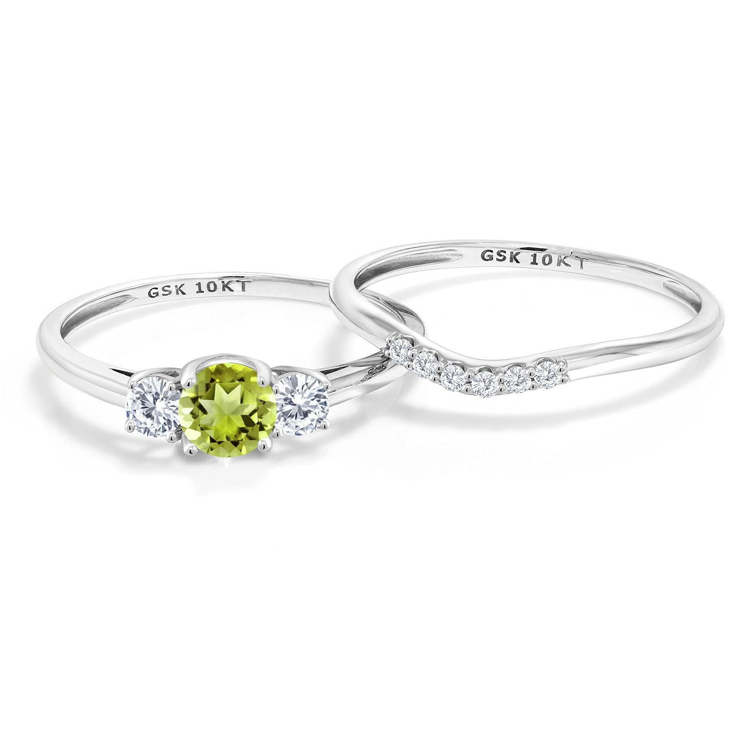 Gem Stone King 10K White Gold Green Peridot and White Lab Grown Diamond 3-Stone Bridal Engagement Wedding Ring Set For Women (0.79 Cttw, Gemstone August Birthstone, Round 5MM, Size 7)