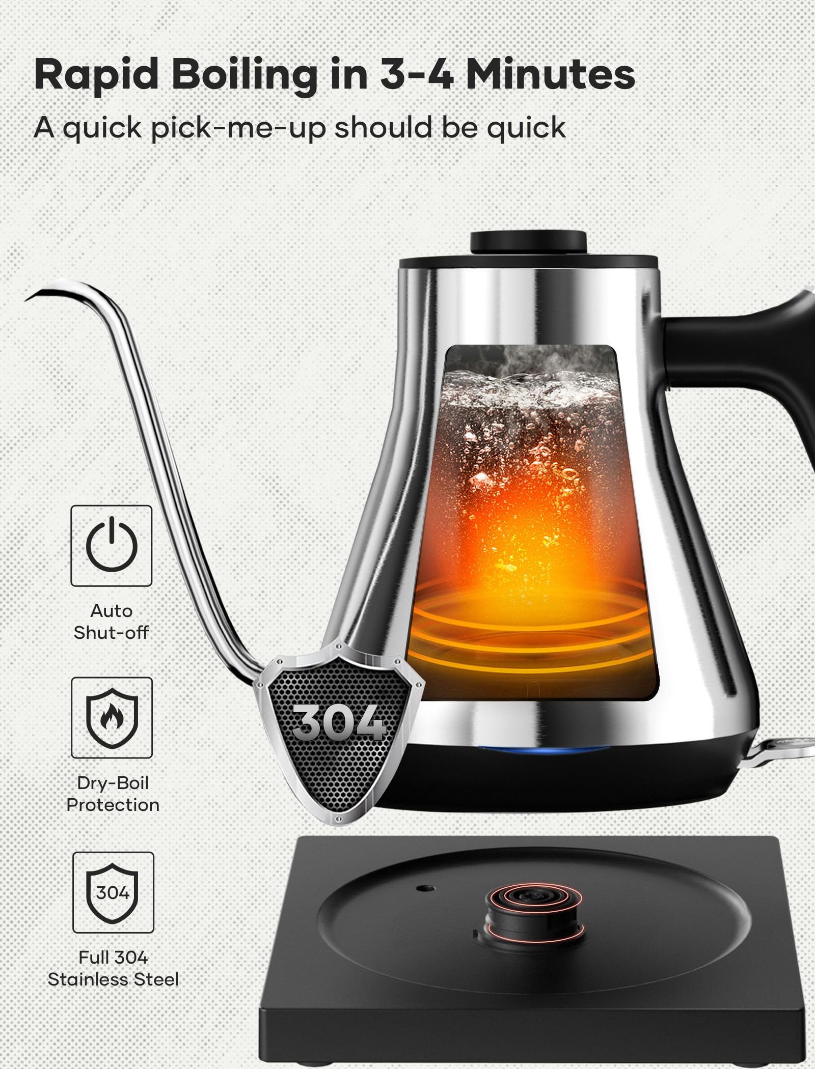 Gooseneck Electric Kettle, Offacy Gooseneck Kettle with 100% Food Grade 304 Stainless Steel, Pour Over Kettle & Coffee Kettle, Tea Kettle 1200 Watt Quick Heating, 0.9L, Stainless Steel