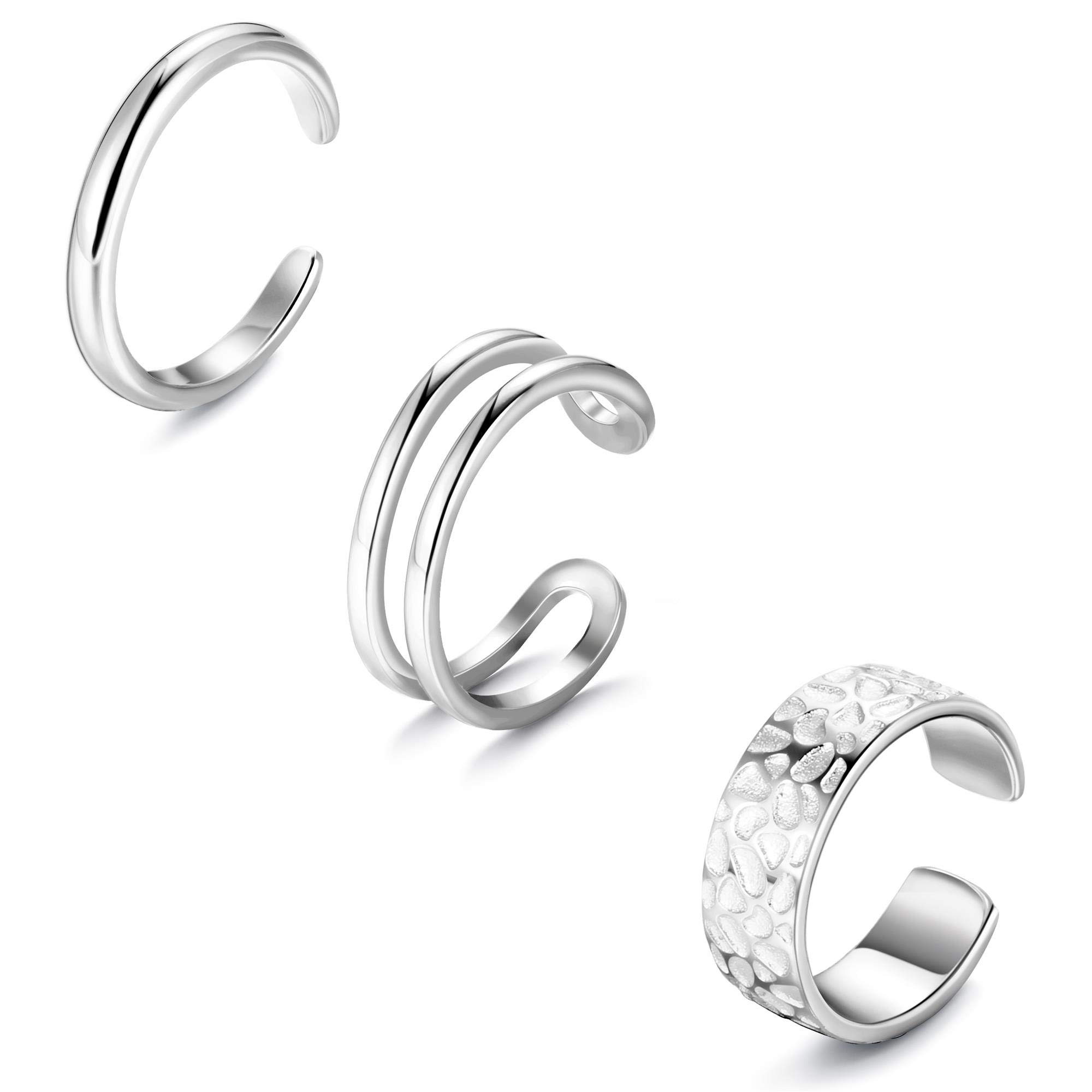 FUNRUN JEWELRY 3 PCS Sterling Silver Toe Rings for Women Minimalistic Open Adjustable Rings Foot Jewelry Set(Silver)