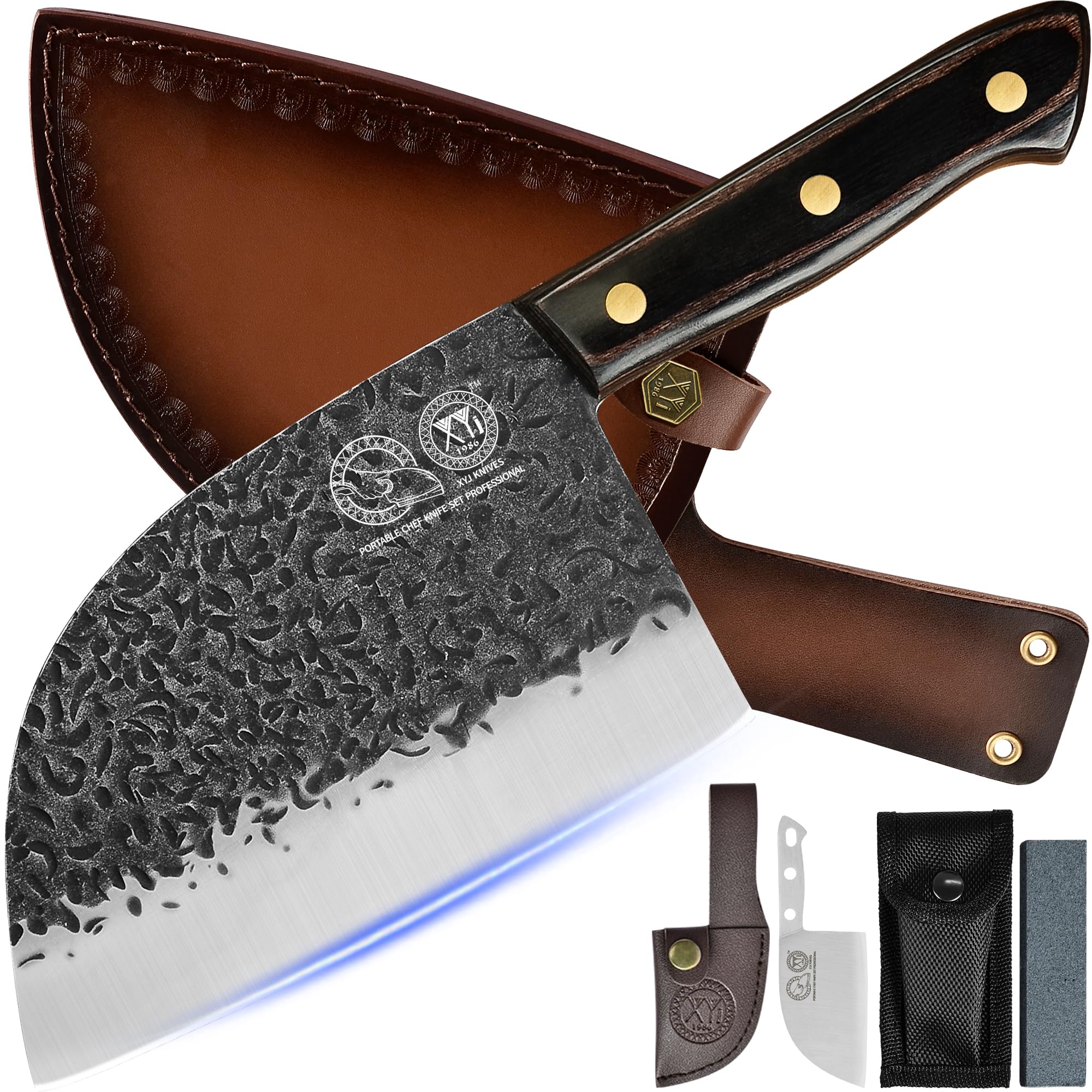 XYJ FULL TANG 7-inch Serbian Butcher Knife Multipurpose Chinese Chef Knives High Carbon Stainless Steel Meat Knives Heavy Duty Blade With Leather Sleeves For Home Outdoor &Camping