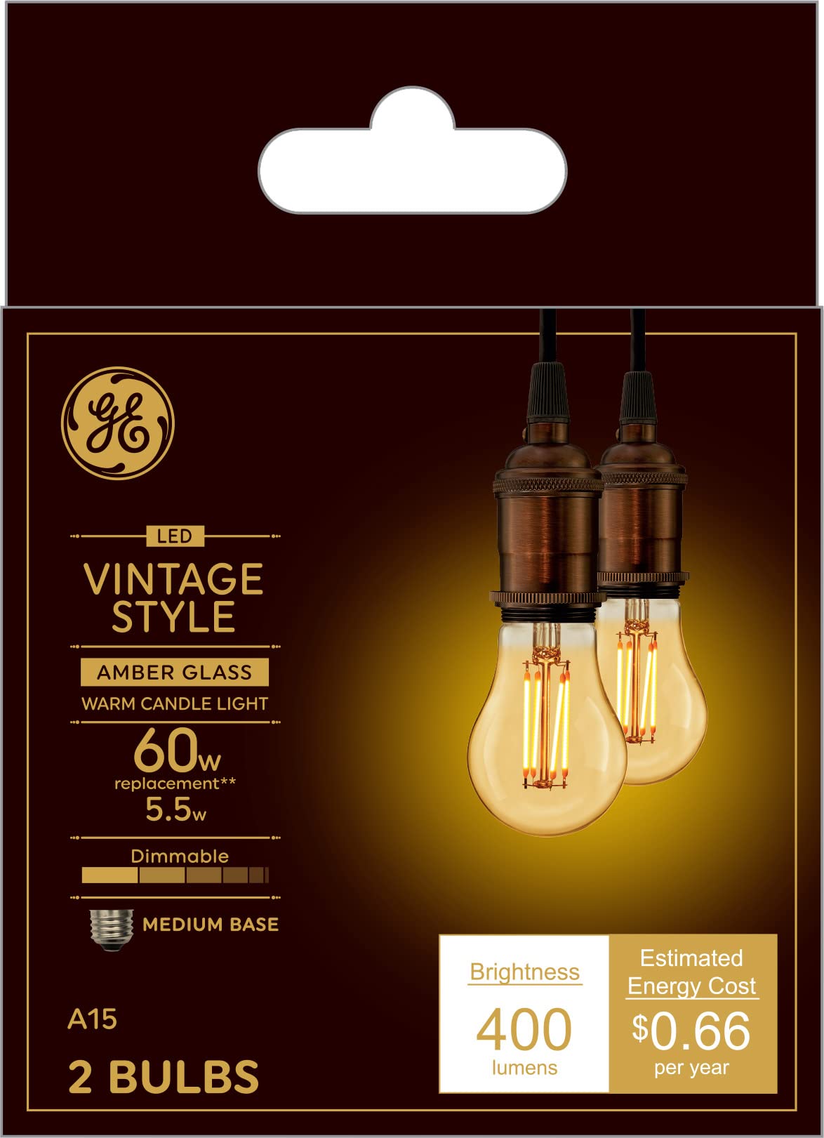 GE Lighting VintaStyle LED Light Bulbs, 5.5 Watts (60 Watt Equivalent) Warm Candle Light, Amber Glass, Medium Base, Dimmable (2 Pack)