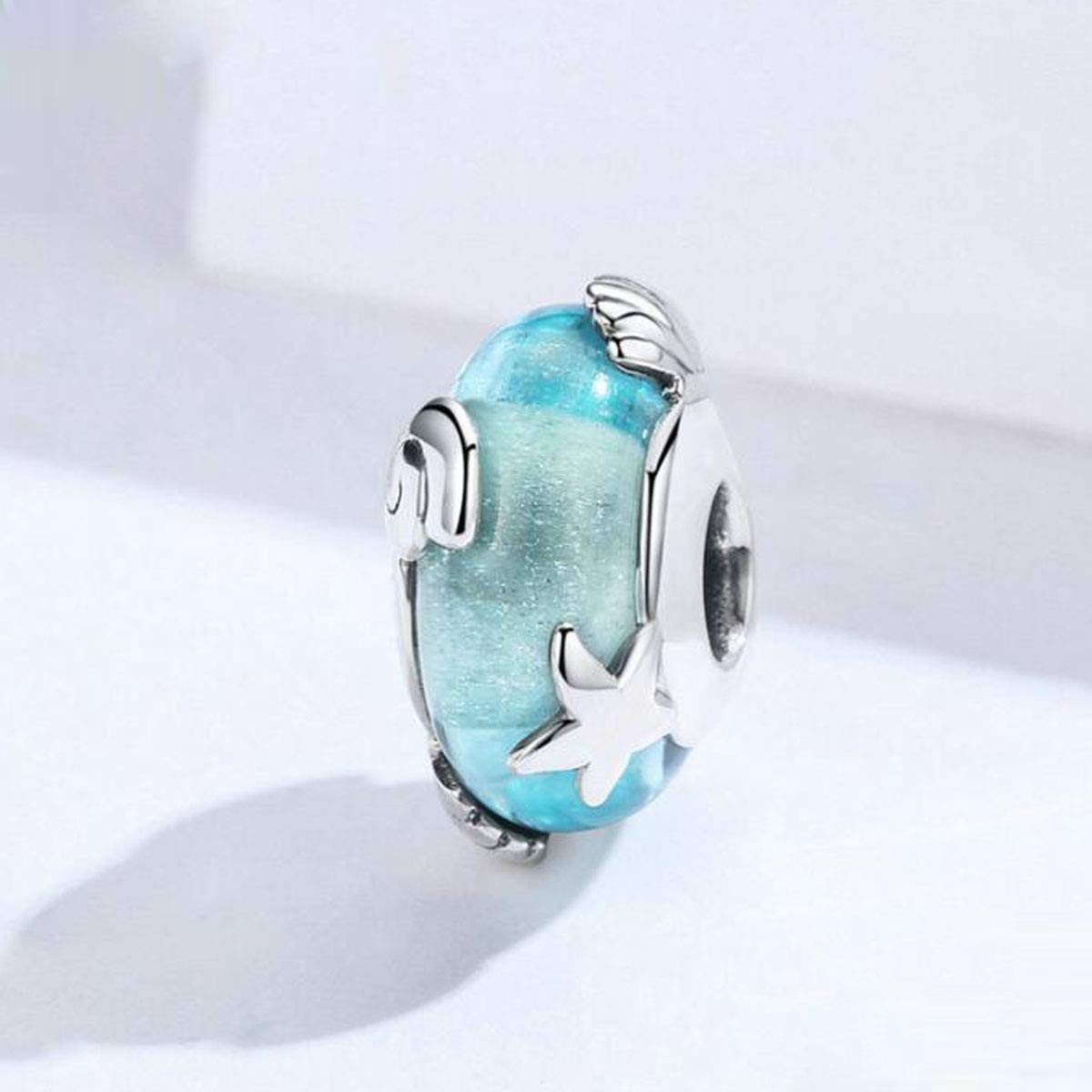 Genuine Murano Glass Charms Beads for Bracelets Original 925 sterling silver Core Blue Bubbles Pink Flowers Charms for Pandora Bracelets (C1257 Ocean Charms)