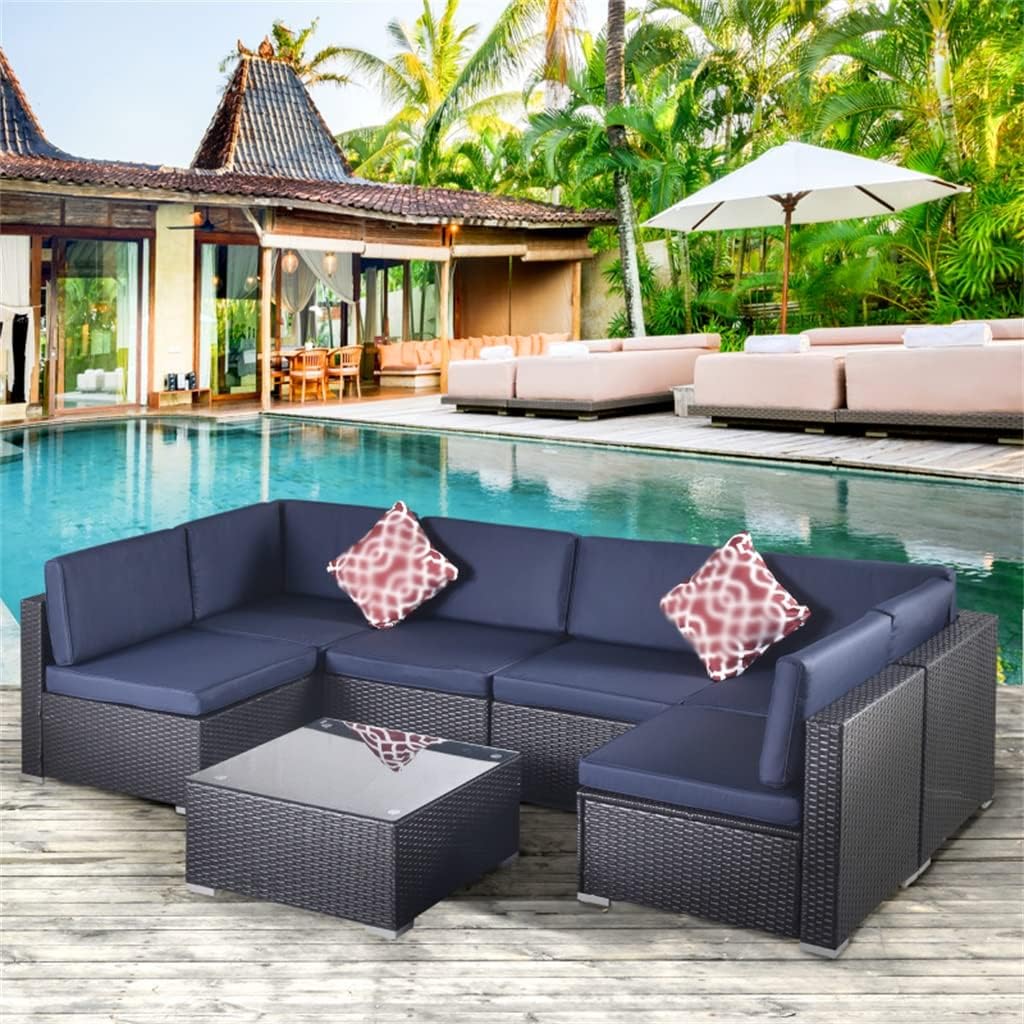 Garden Terrace Furniture 7-Piece PE Rattan Wicker Cuts Padded Sofa Sets with 2 Cushions and Coffee Table