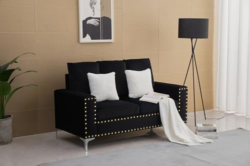 Velvet Small Loveseat Sofa Modern Sectional Couch with Square Armrest Rivets 2 Pillows for Living Room Black