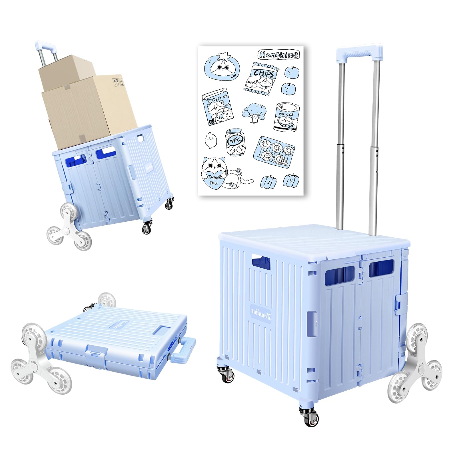 Honshine Foldable Cart with Stair Climbing Wheels, Collapsible Rolling Crate with Telescoping Handle, Handcart for Grocery Book File Tool Art Supplies with Sticker (Blue)