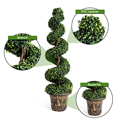 GOPLUS 4 Ft Artificial Boxwood Spiral Topiary Tree, Fake Greenery Plants, Leaves & Cement-Filled Plastic Flower Pot Decorative Trees for Porch Home Office Indoor Outdoor
