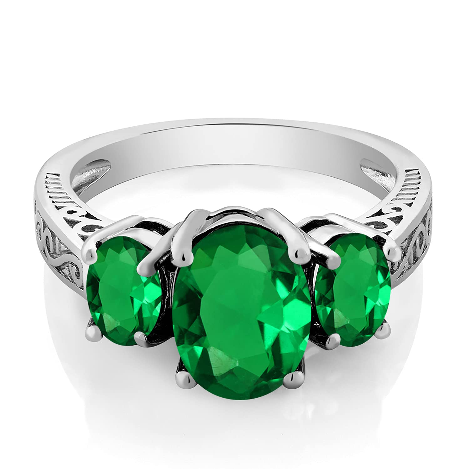 Gem Stone King 925 Sterling Silver Green Nano Emerald 3-Stone Ring For Women (3.10 Cttw, Available in size 5, 6, 7, 8, 9)