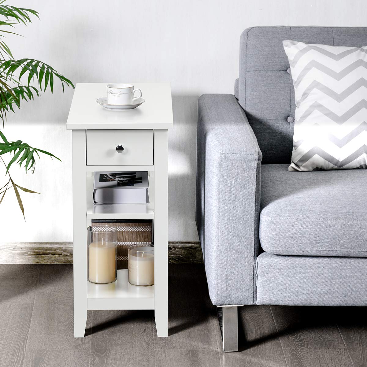 Giantex Narrow End Table, Small Side Table with Drawer and Shelf, Wood Accent Sofa Table, Skinny Nightstand for Small Space Living Room Bedroom (1, White)