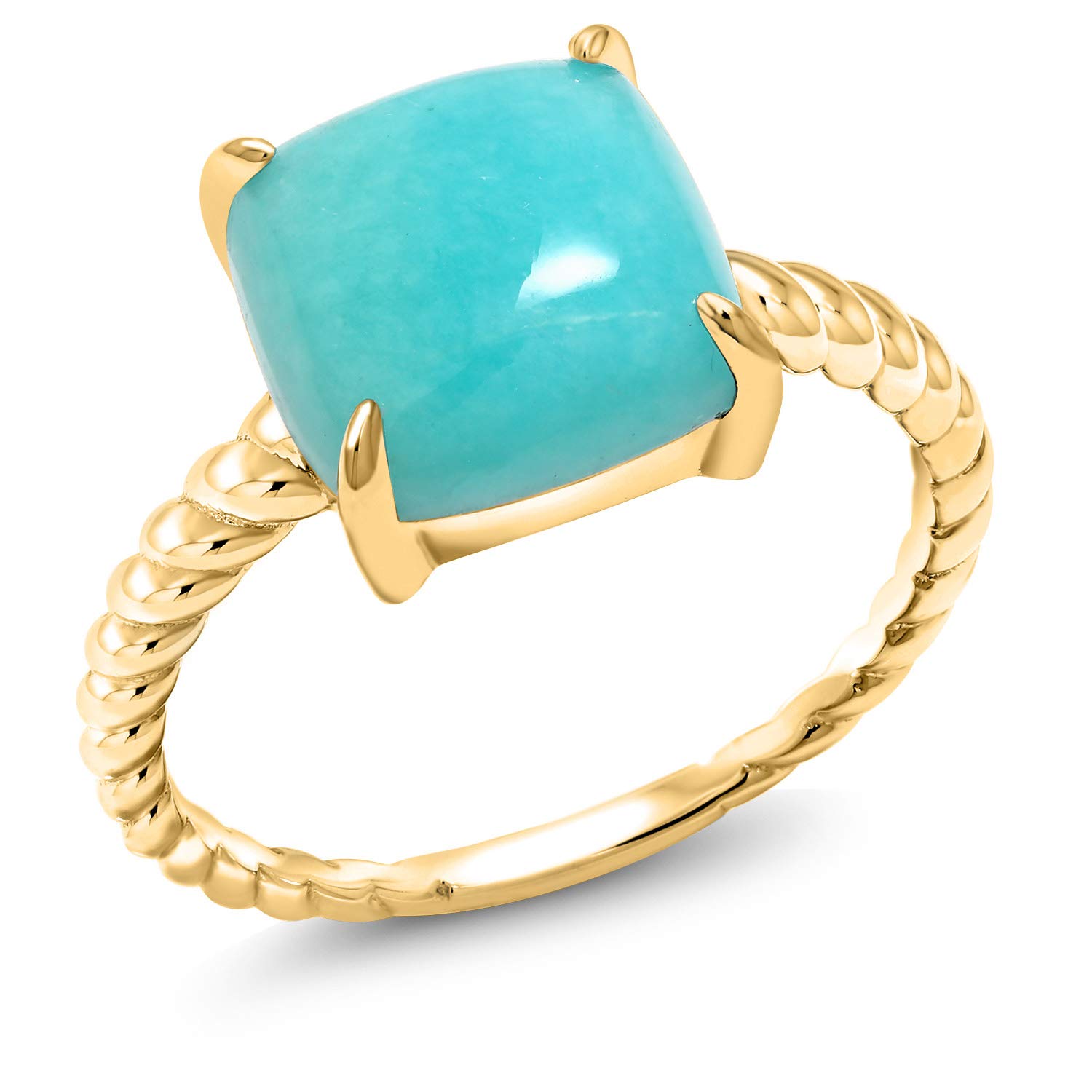 Gem Stone King 18K Yellow Gold Plated Silver Sleeping Beauty Turquoise Women Ring (10MM Square Cabochon, Available in size 5, 6, 7, 8, 9)
