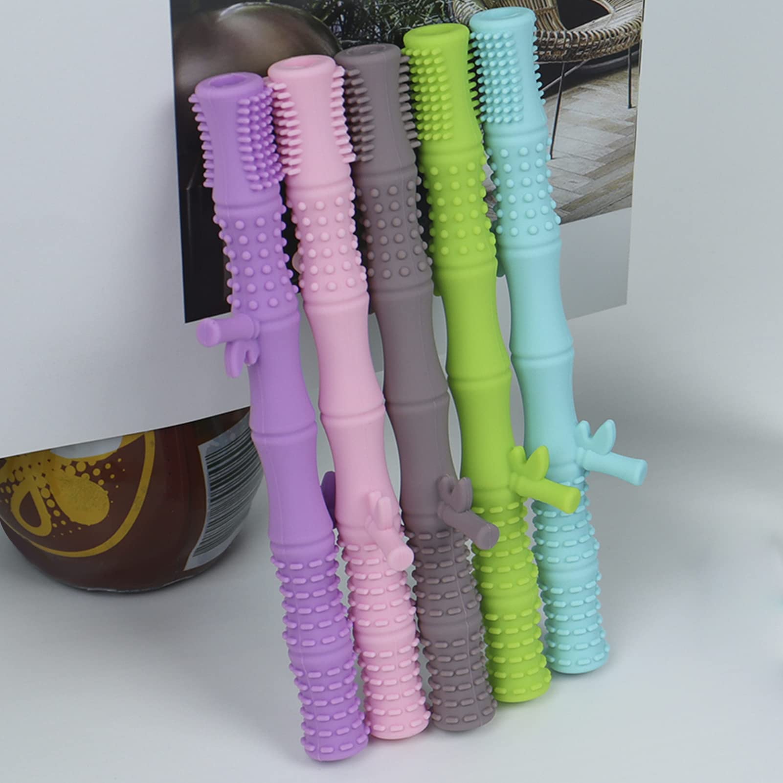 Hollow Teether Tubes for Babies 6-12 Months, 5 Pack Silicone Chew Straws Toys for Infant Toddlers, Bamboo Baby Toothbrush Molar Teether Toys with Safety Shield for Nursing Biting Chewing