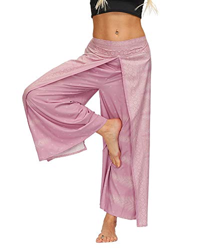 GLUDEAR Womens Palazzo Slit Wide Leg Pants Summer Casual Beach Boho Hippie Bohemian Pilate,Pink Feather,S/M