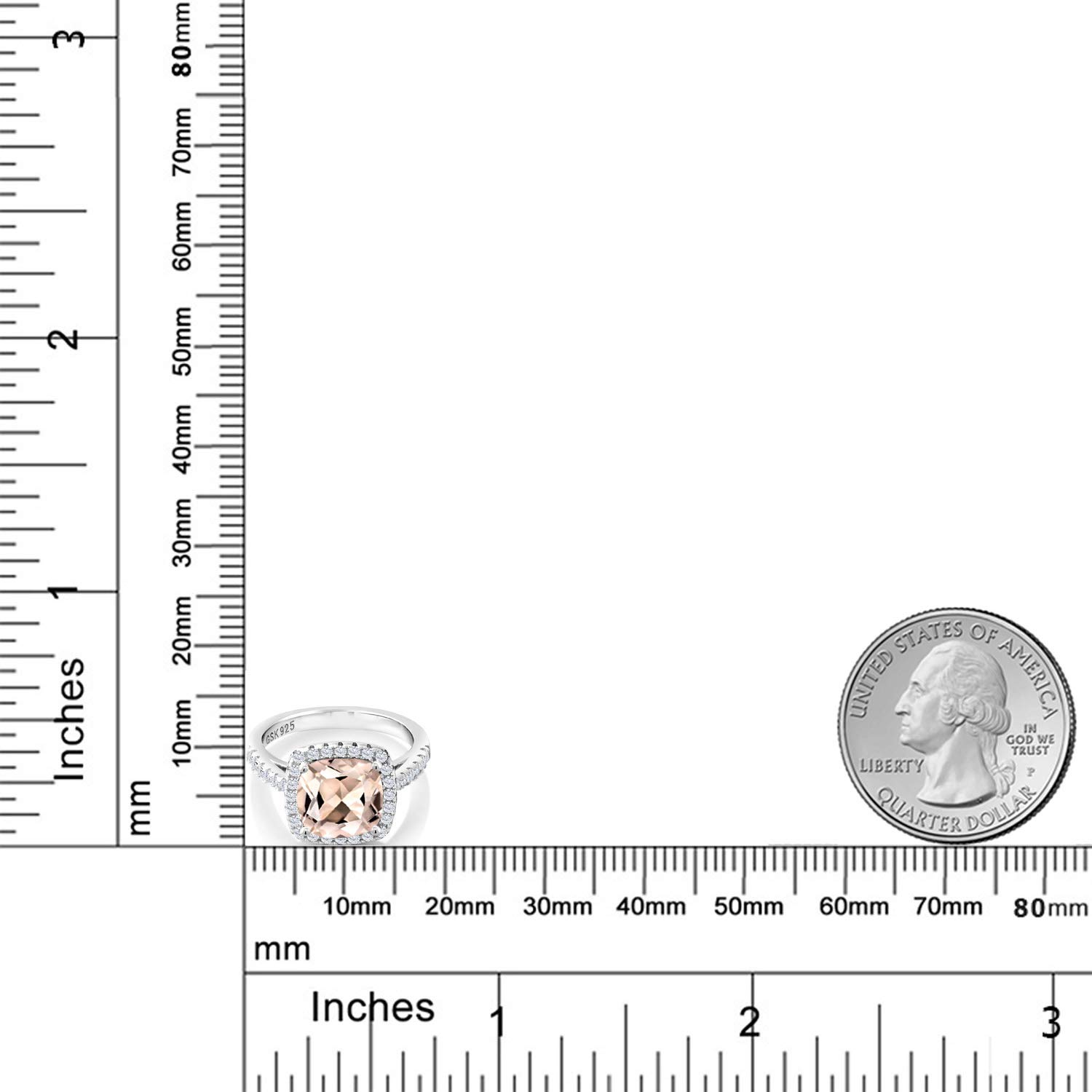 Gem Stone King 925 Sterling Silver Peach Morganite and White Created Sapphire Women Engagement Ring (2.38 Cttw Cushion 8MM, Available In Size 5, 6, 7, 8, 9)