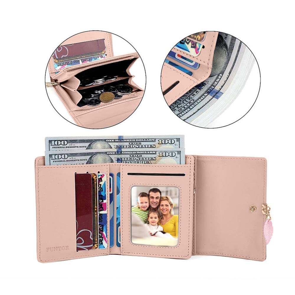 FT FUNTOR RFID Wallets for Women, Leaf Card Holder Trifold Ladies Wallets Coins Zipper Pocket with ID Window Small Teal Blue